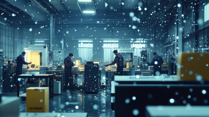 Team of Engineers Working in Modern Factory with Falling Snow Effect ...