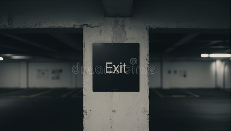 Industrial Exit Sign on Concrete Wall in Dimly Lit Garage with Harsh ...