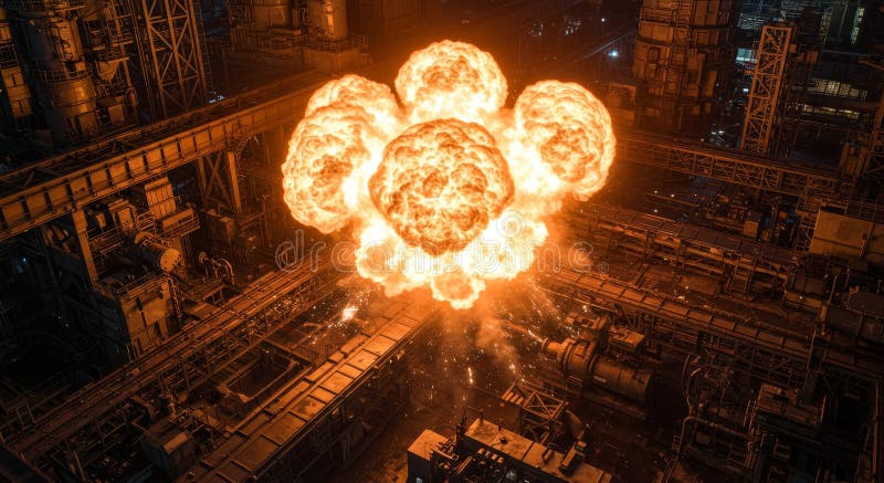 Industrial Explosion at Night a Dramatic Aerial View of a Massive ...