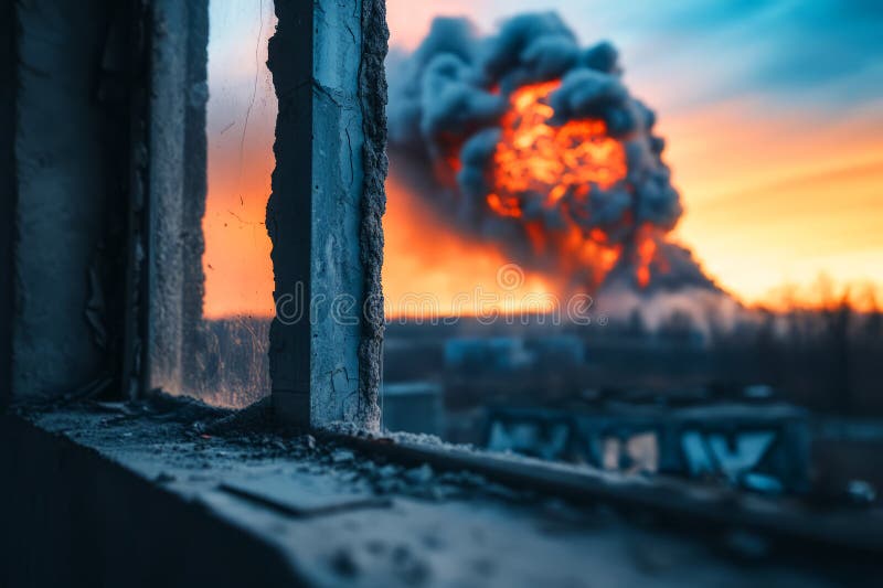 Industrial Explosion at Sunset Viewed through a Broken Window with ...
