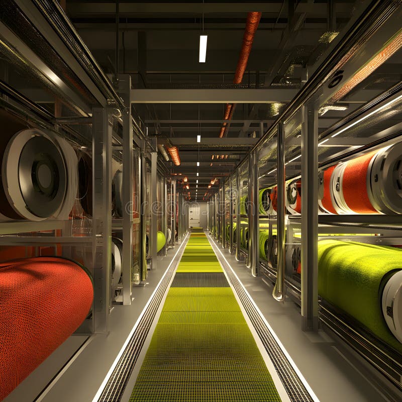 Industrial Fabric Storage Corridor Colorful Rolls and Metallic ...