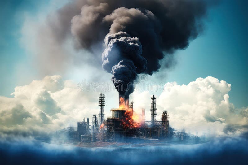 An Industrial Facility Engulfed in Flames, Spewing Thick Black Smoke ...