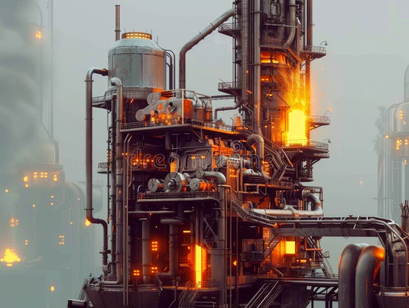 Industrial Facility with Glowing Pipes and Machinery Showcasing Energy ...