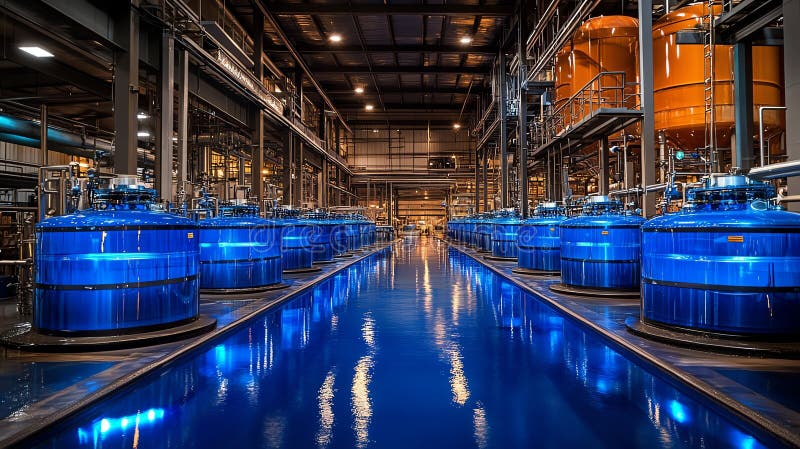 Industrial Facility Featuring Illuminated Blue Tanks with a Reflective ...