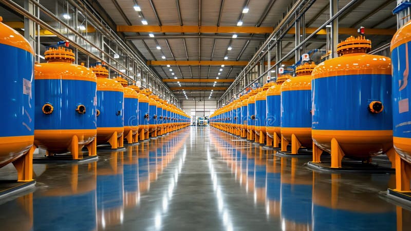 Industrial Facility Featuring Orange and Blue Storage Tanks for Liquid ...