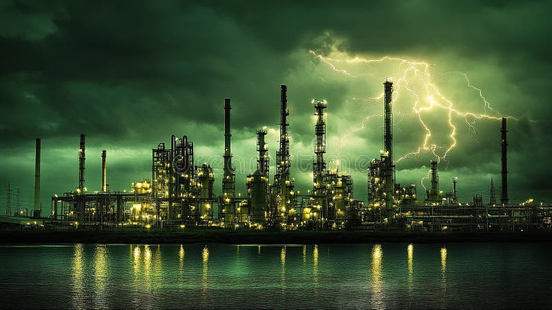 Industrial Facility Illuminated at Night with Dramatic Lightning Above ...