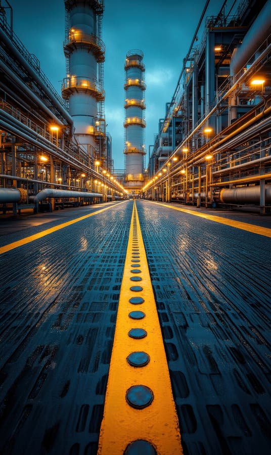 Industrial Facility with Illuminated Pathways and Towering Structures ...