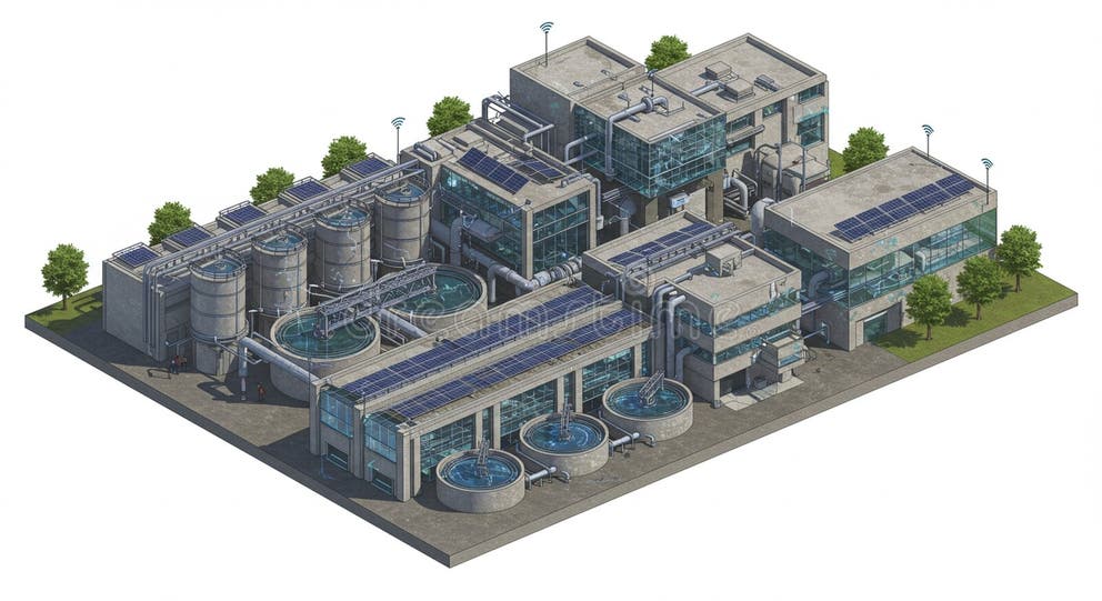 Industrial Facility Illustration with Multiple Rectangular Buildings Interconnected by Stock ...