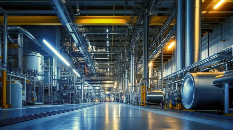 Industrial Facility Interior with Illuminated Pathways and Machinery ...