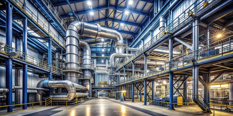 Industrial Facility Interior a Majestic View of Complex Piping and Structural Elements ...