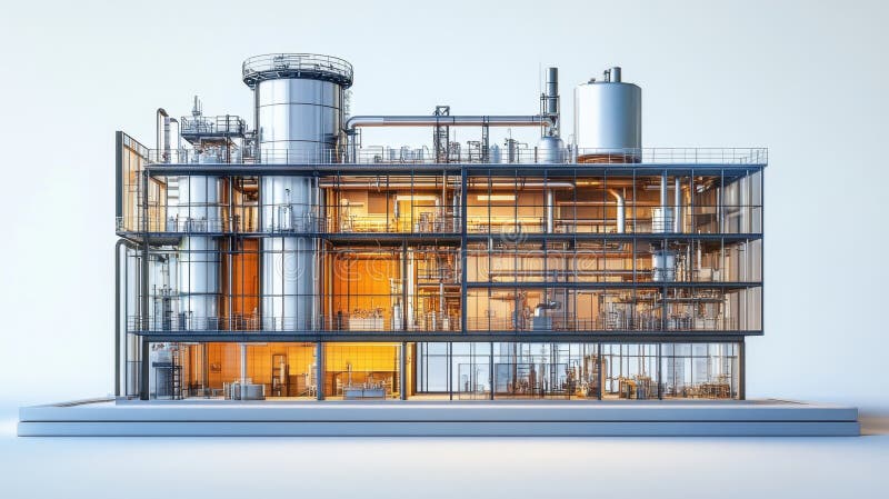 Industrial Facility Model Showcasing Complex Machinery, a Large Tank ...