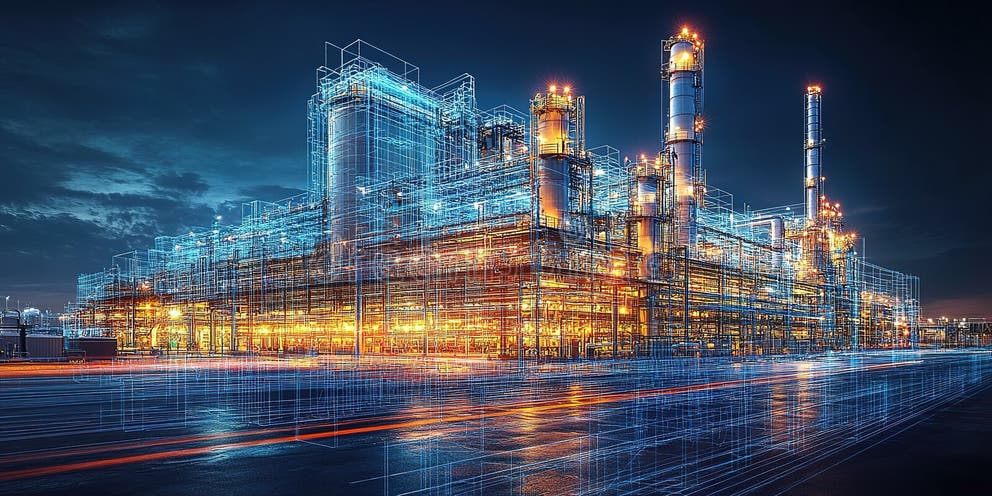 Industrial Facility at Night with Illuminated Structures and Digital ...