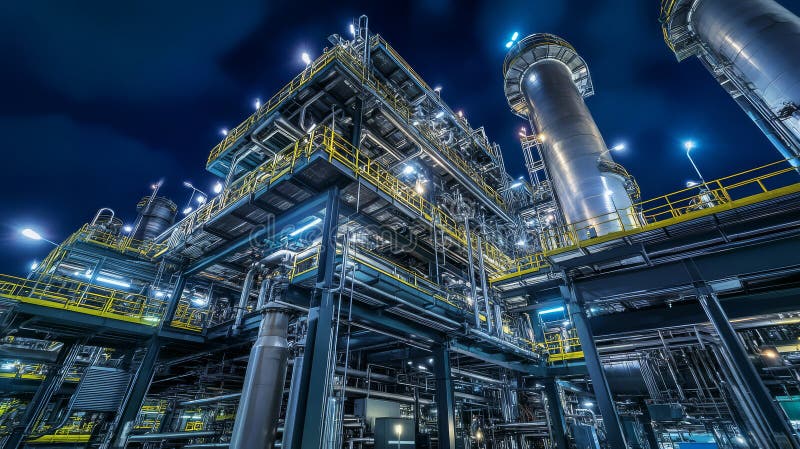 Industrial Facility at Night with Illuminated Structures and Machinery ...