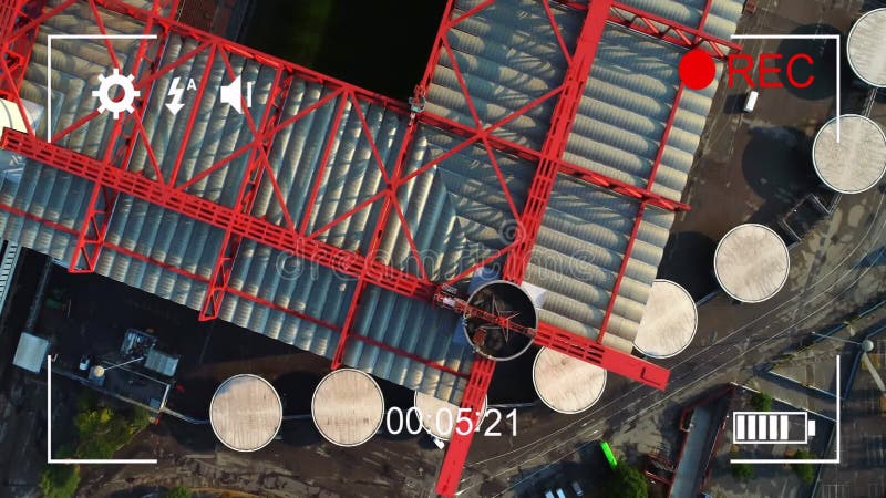 Industrial Facility with Red Framework and Storage Tanks, Animation of ...