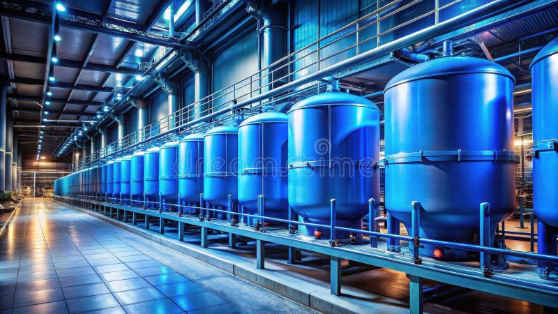 Industrial Facility S Row of Large Blue Cylindrical Tanks in a Modern ...