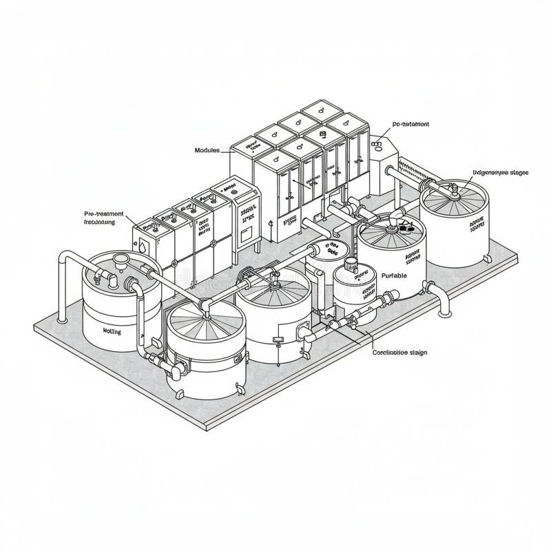 Industrial Facility Schematic Showing Interconnected Tanks, Pipes, and ...