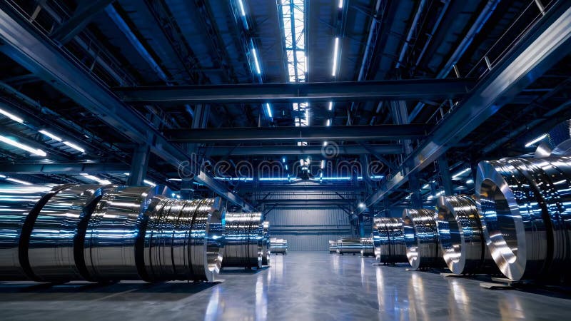 Industrial Interior Space with Yellow Ceiling Beams and Metallic ...