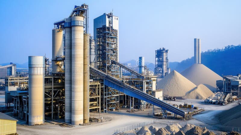 Industrial Facility with Silos, Conveyors, and Material Piles ...