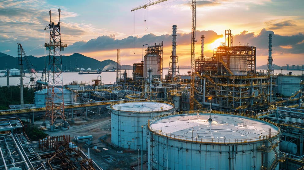 Industrial Facility at Sunset with Storage Tanks and Refinery ...