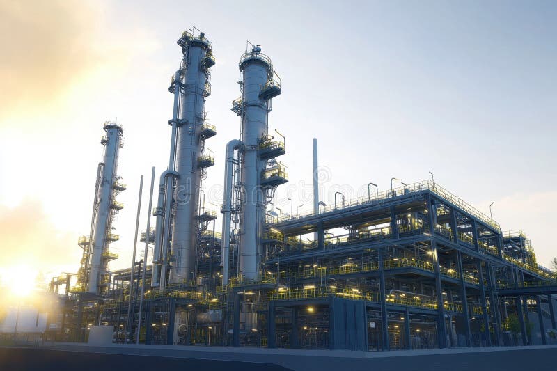 Industrial Facility with Tall Structures at Sunset in an Urban ...