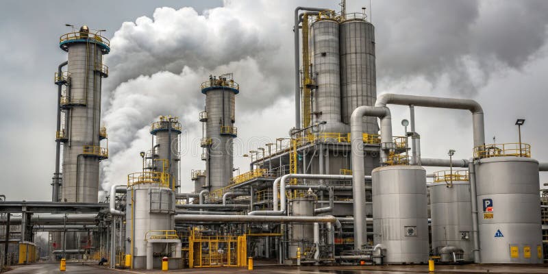 Industrial Facility with Towering Smoke Stacks and Complex Piping ...