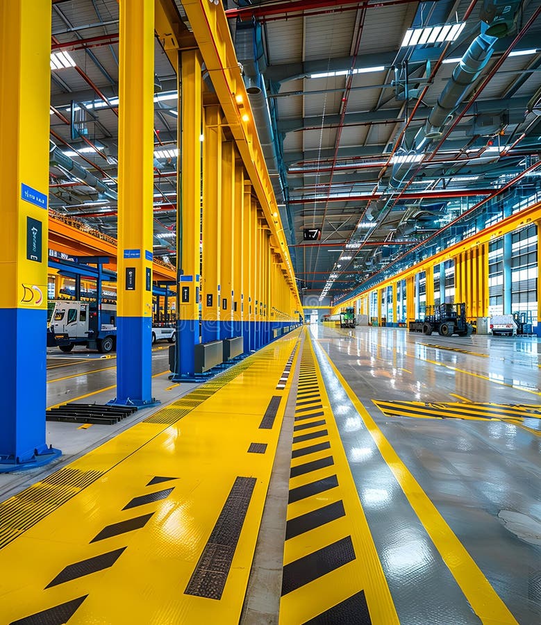 Industrial Factory Building Interior with Yellow and Black Striped ...
