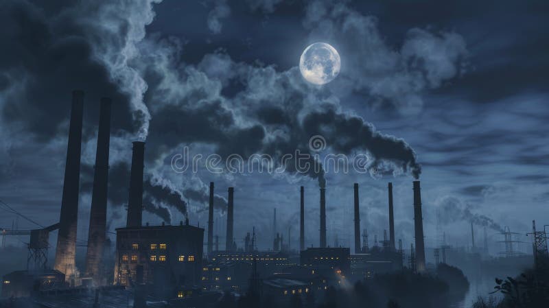 Industrial Factory Complex at Night with Full Moon and Smoke Emissions ...