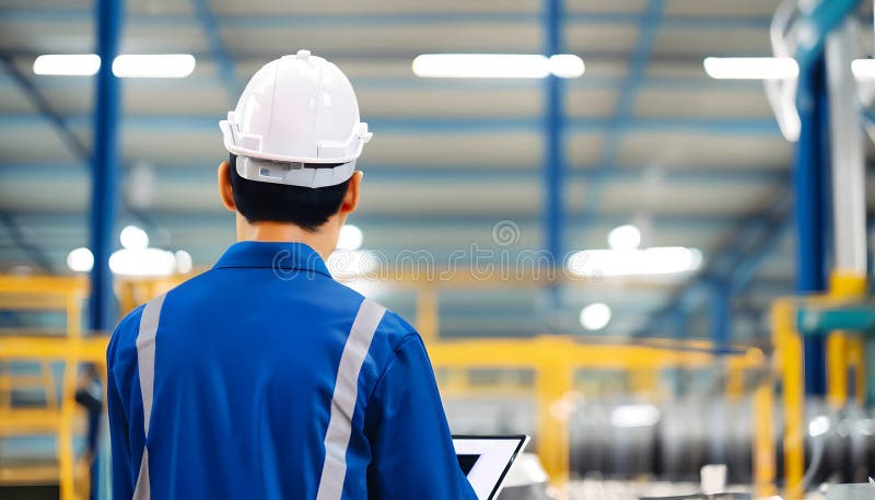 Industrial Factory Engineer at Work. Working Back View Stock ...