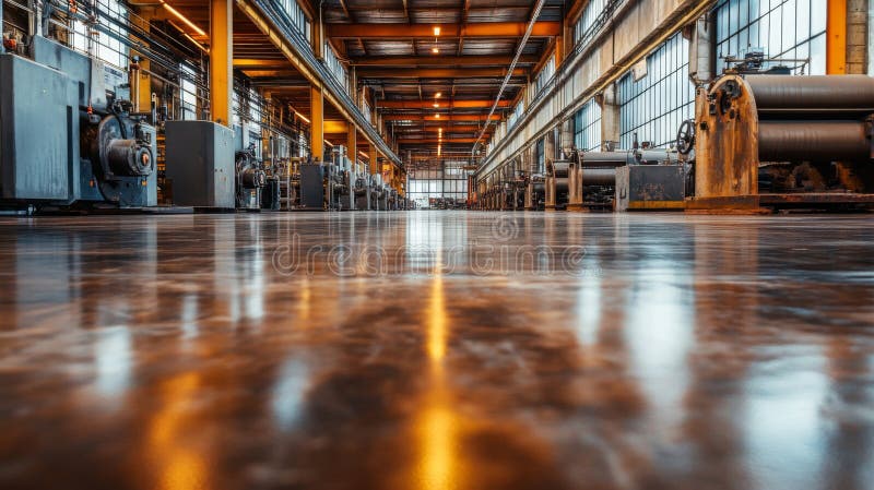 Industrial Factory Floor with Reflections of Machines and Lights Stock ...