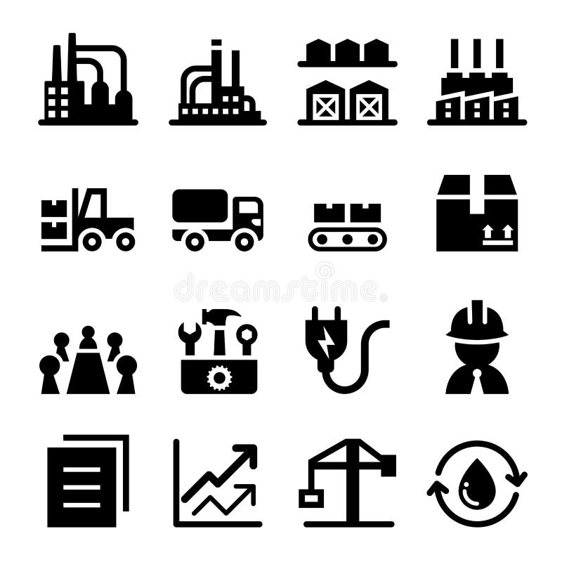 Factory, Industrial Building, Manufacturing Icon Set in Thin Line Style ...