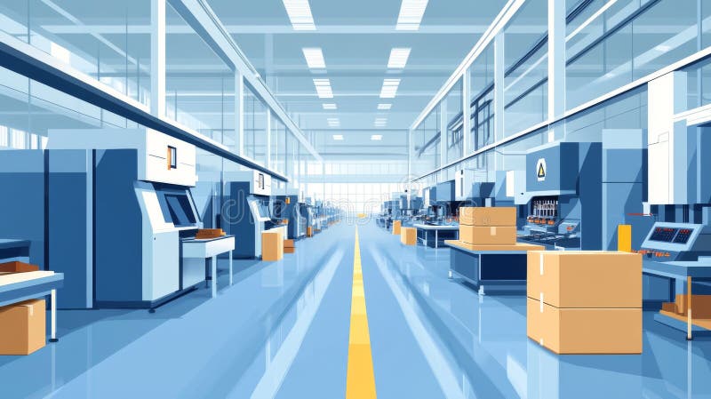 Industrial Factory Interior with Machines and Cardboard Boxes Stock ...