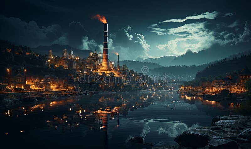 Industrial Factory Overlooking River Stock Image - Image of environment ...