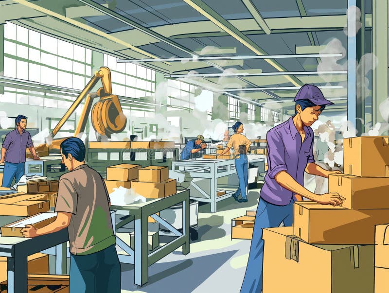 Industrial Factory Scene with Workers Operating Machinery, Computers ...