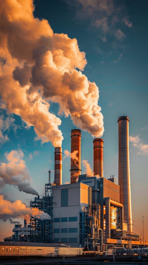 Industrial Factory with Smoke Stacks at Sunset, Environmental Pollution ...