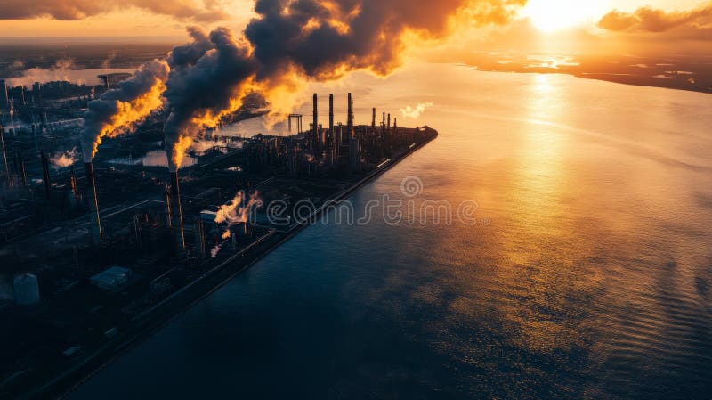 Industrial Factory with Smokestacks and Pollution during Sunset ...