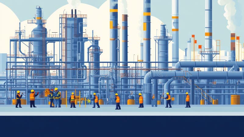 Industrial Factory with Workers and Complex Pipeline Structures Stock ...