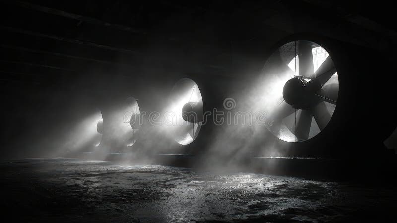Industrial Fans with Light Rays in Dark Space Stock Illustration ...