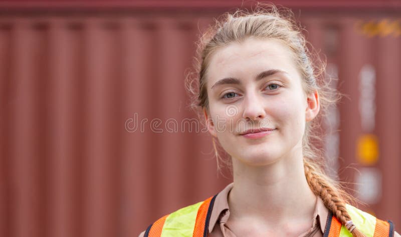 Industrial Female Engineer with Containers Box Background, Smiling Dock ...