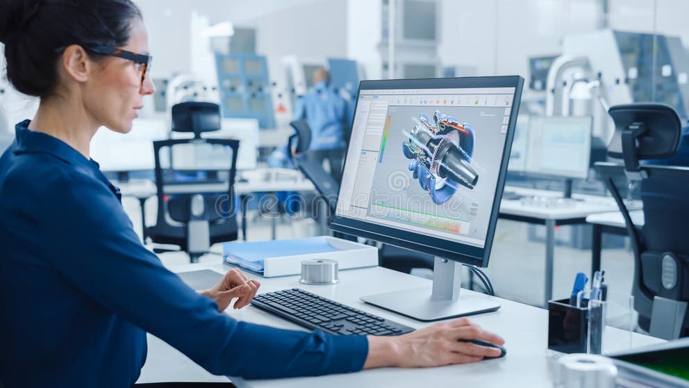 Industrial Female Engineer Working on a Personal Computer, Screen Shows ...