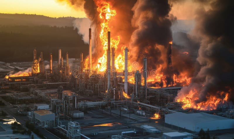Industrial Fire Engulfing Refinery, Flames and Smoke Rising ...