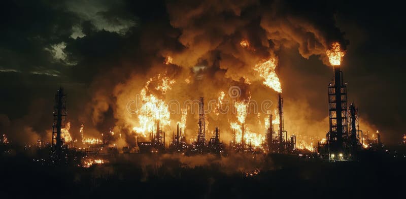 Industrial Fire Illuminates Dark Sky at Oil Refinery during Night in a ...