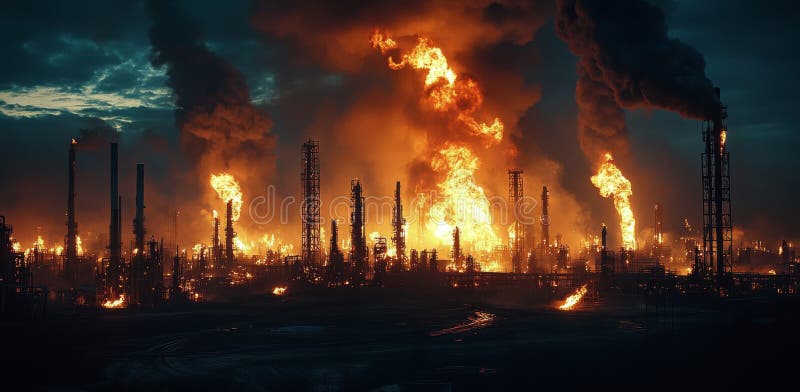 Industrial Fire Illuminates Dark Sky at Oil Refinery during Night in a ...