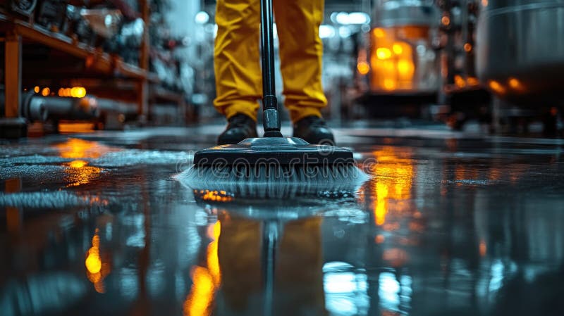 Industrial Floor Cleaning with Machine in Dimly Lit Warehouse Setting ...