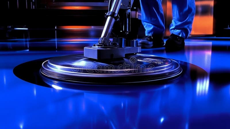 Industrial Floor Polishing Machine Cleaning and Buffing a Blue Epoxy ...