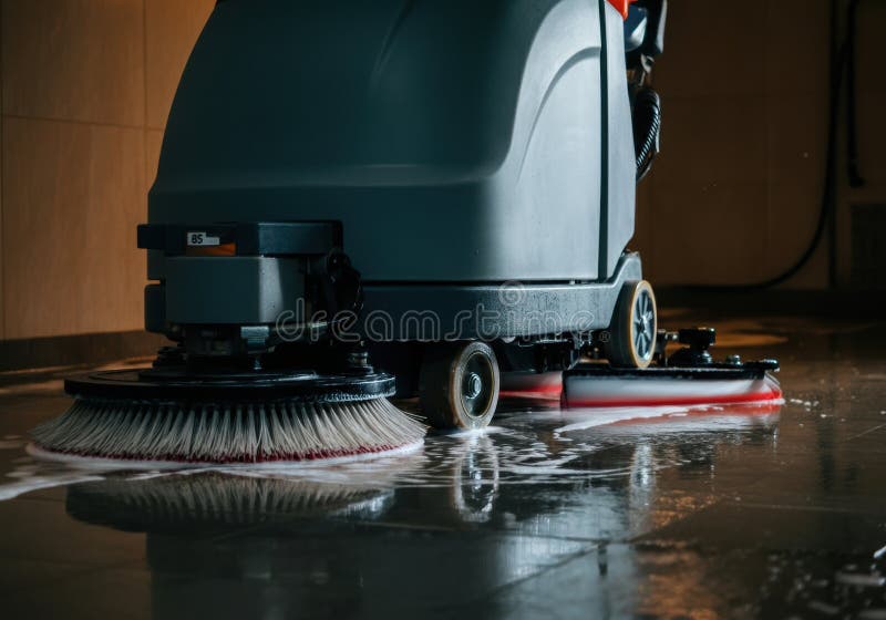 Industrial Floor Scrubber Cleaning a Tiled Surface in a Commercial ...