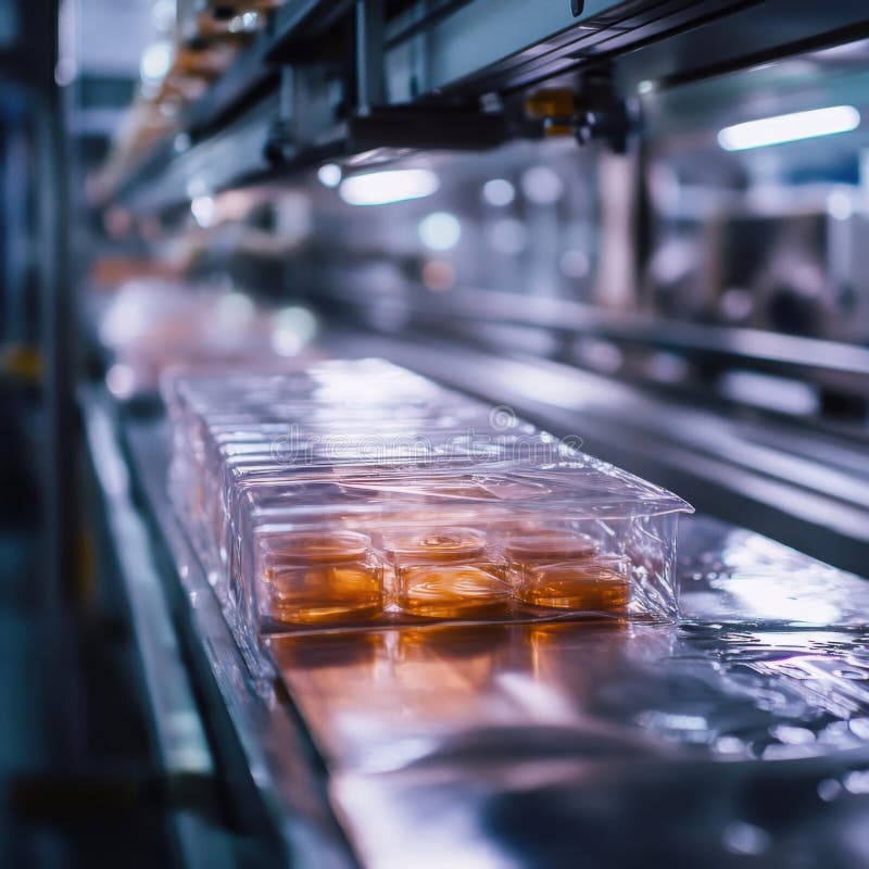 Industrial Food Processing Plant with Clear Packaging on Conveyor Belt ...