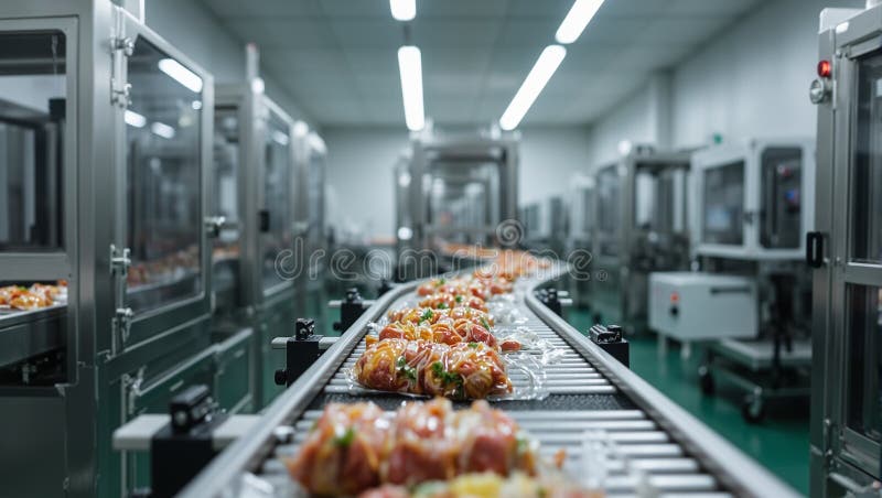 Industrial Food Processing Plant with Conveyor Belts Moving Packed Food ...