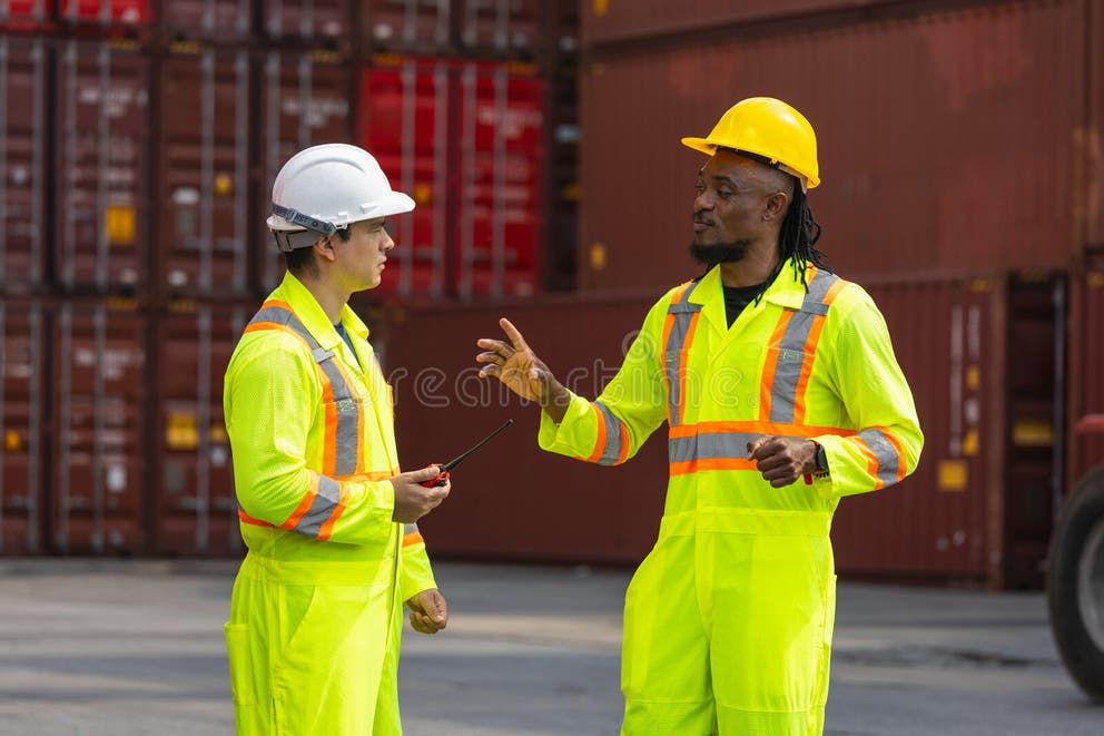 Industrial Foreman Worker Team Checking and Managing Containers Boxes at Cargo Containers ...