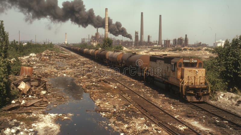 Industrial Freight Train Passing through Polluted Industrial Landscape ...