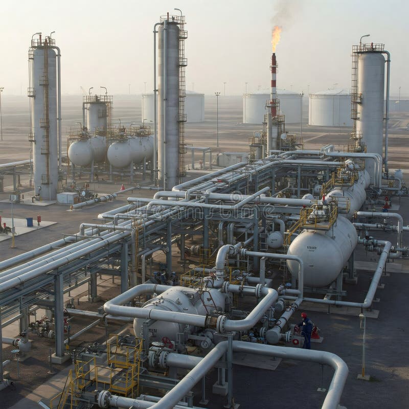 Gas Processing Plant with Smoking Flare Stack and Storage Tanks Stock ...